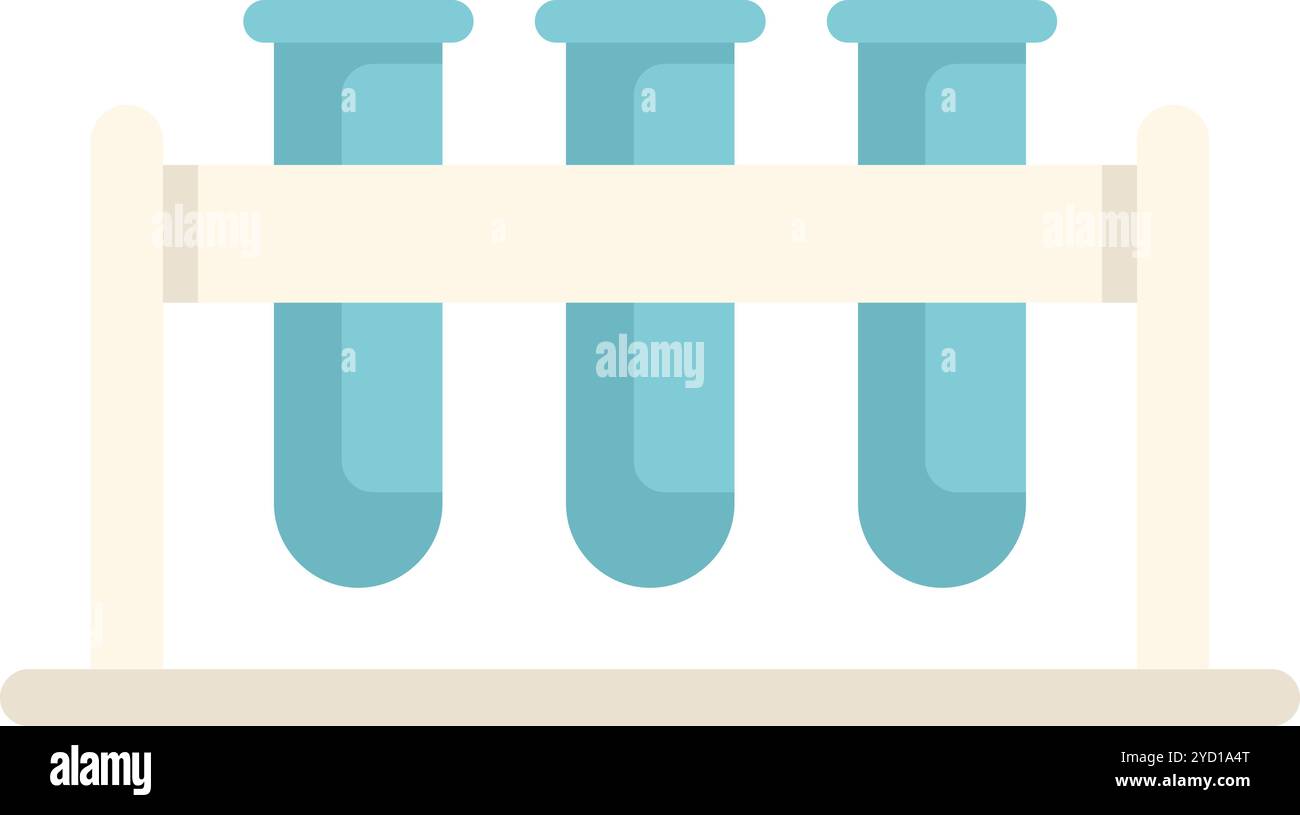 Three laboratory test tubes holding blue liquid are sitting in a rack ...