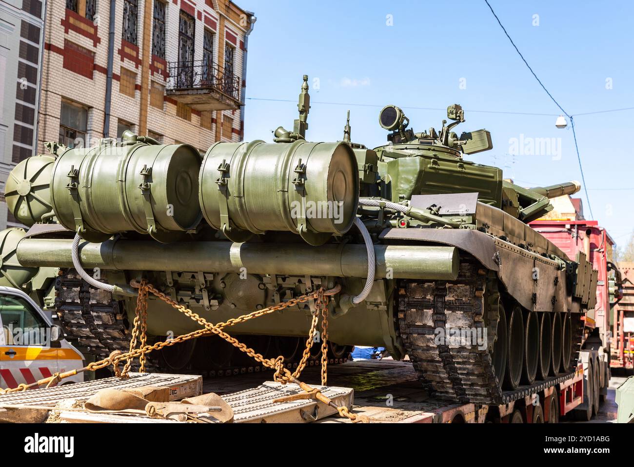 Transportation of heavy army tank T-72B3 on a cargo platform Stock ...