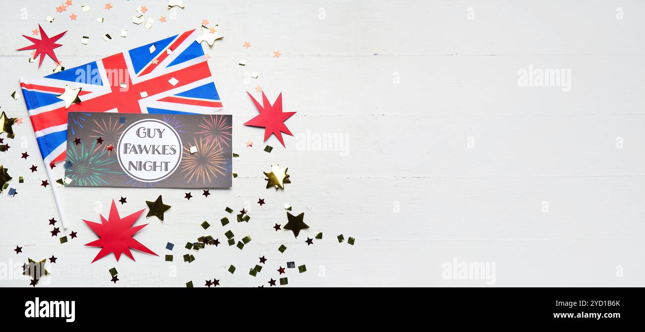 Greeting card for Guy Fawkes night and flag of Great Britain on white ...