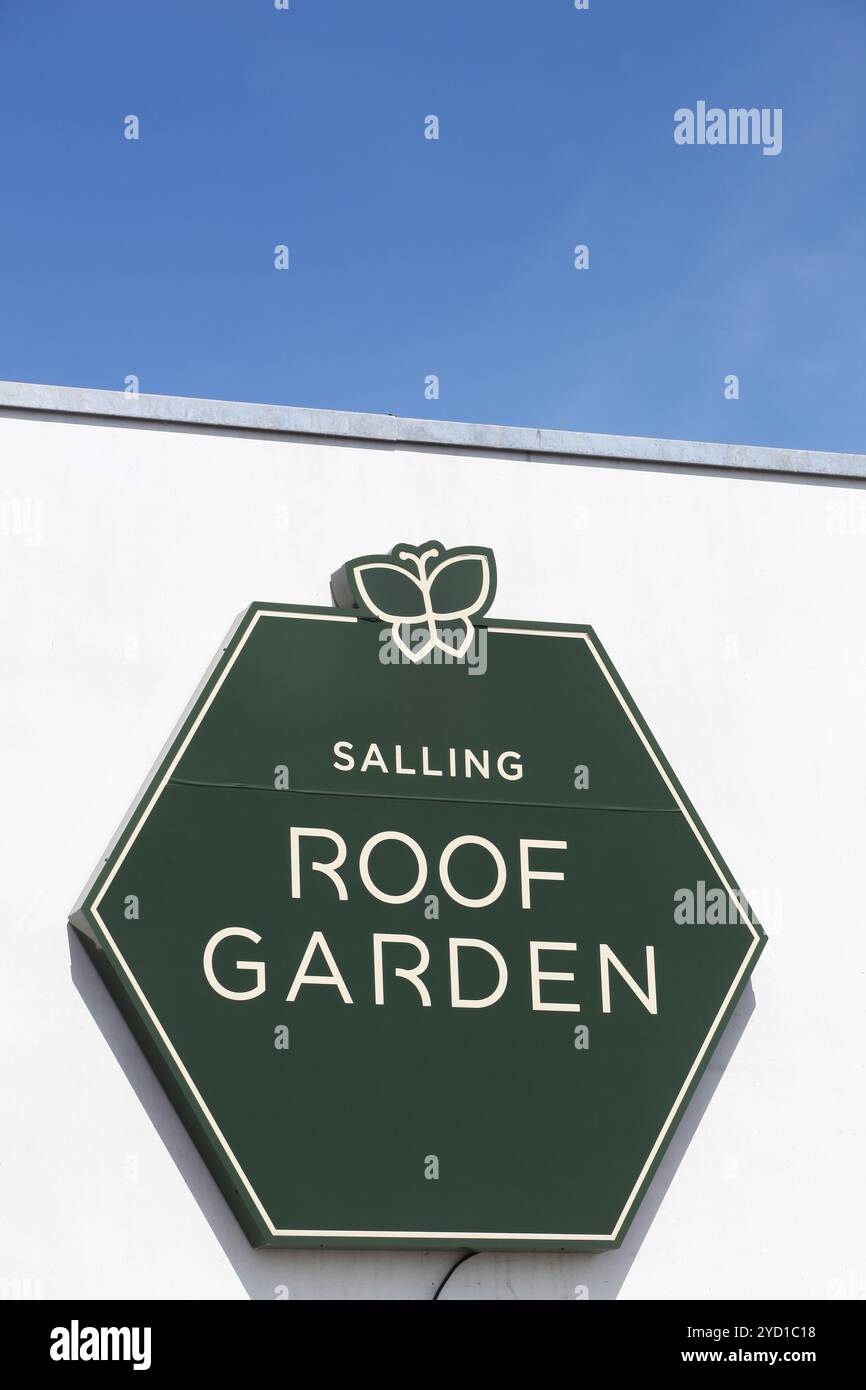 Aarhus, Denmark - July 19, 2024: Salling roof garden symbol on a wall ...
