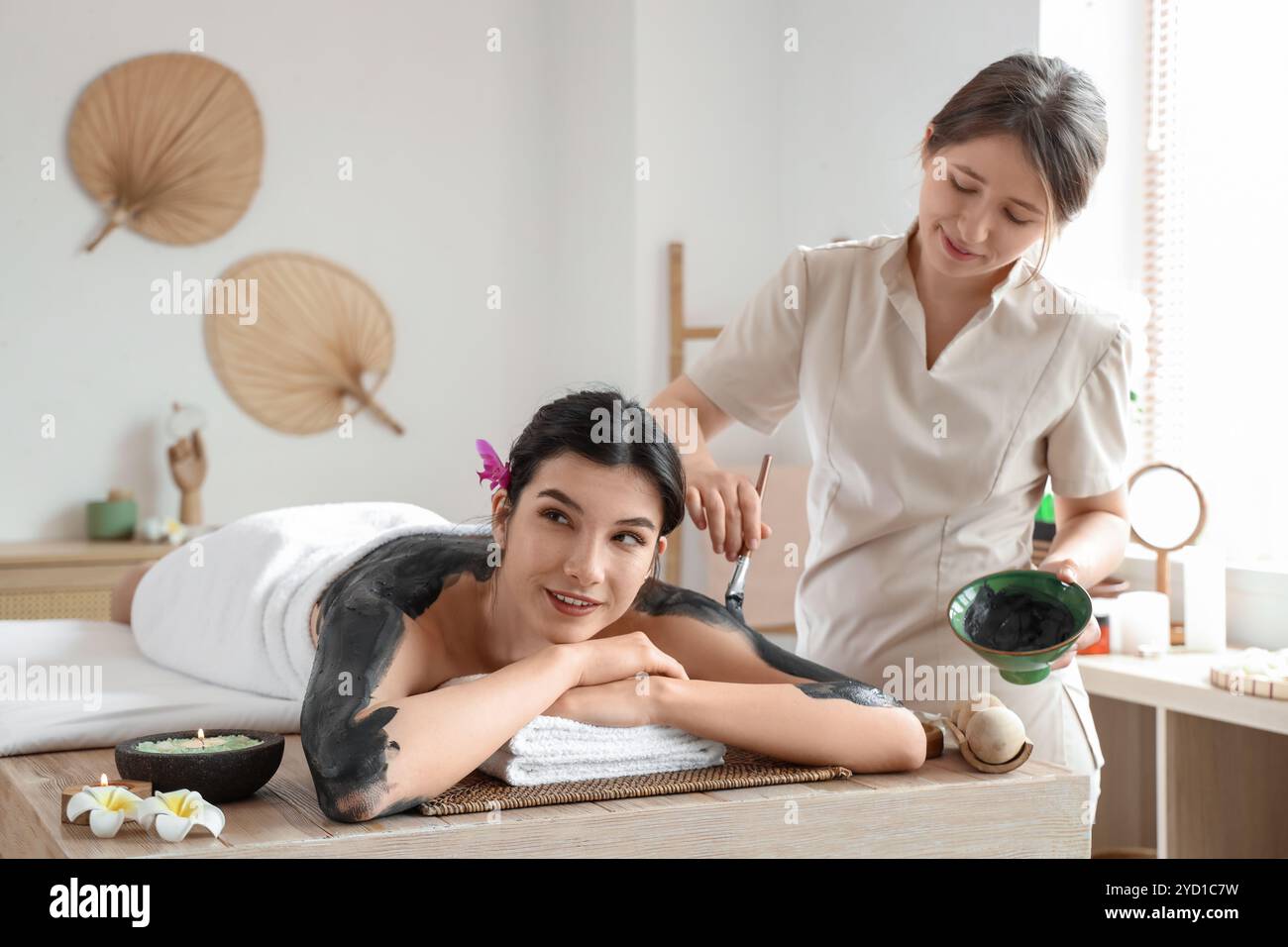 Massage therapist applying mud on woman's body in spa salon Stock Photo ...