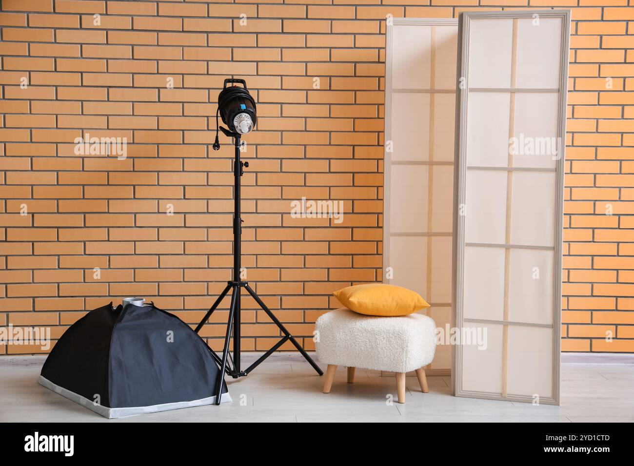 Modern photo studio with pouf, folding screen and professional ...