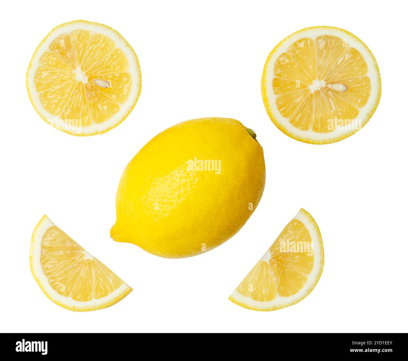Top view set of fresh ripe yellow lemon fruits with halves and slices ...