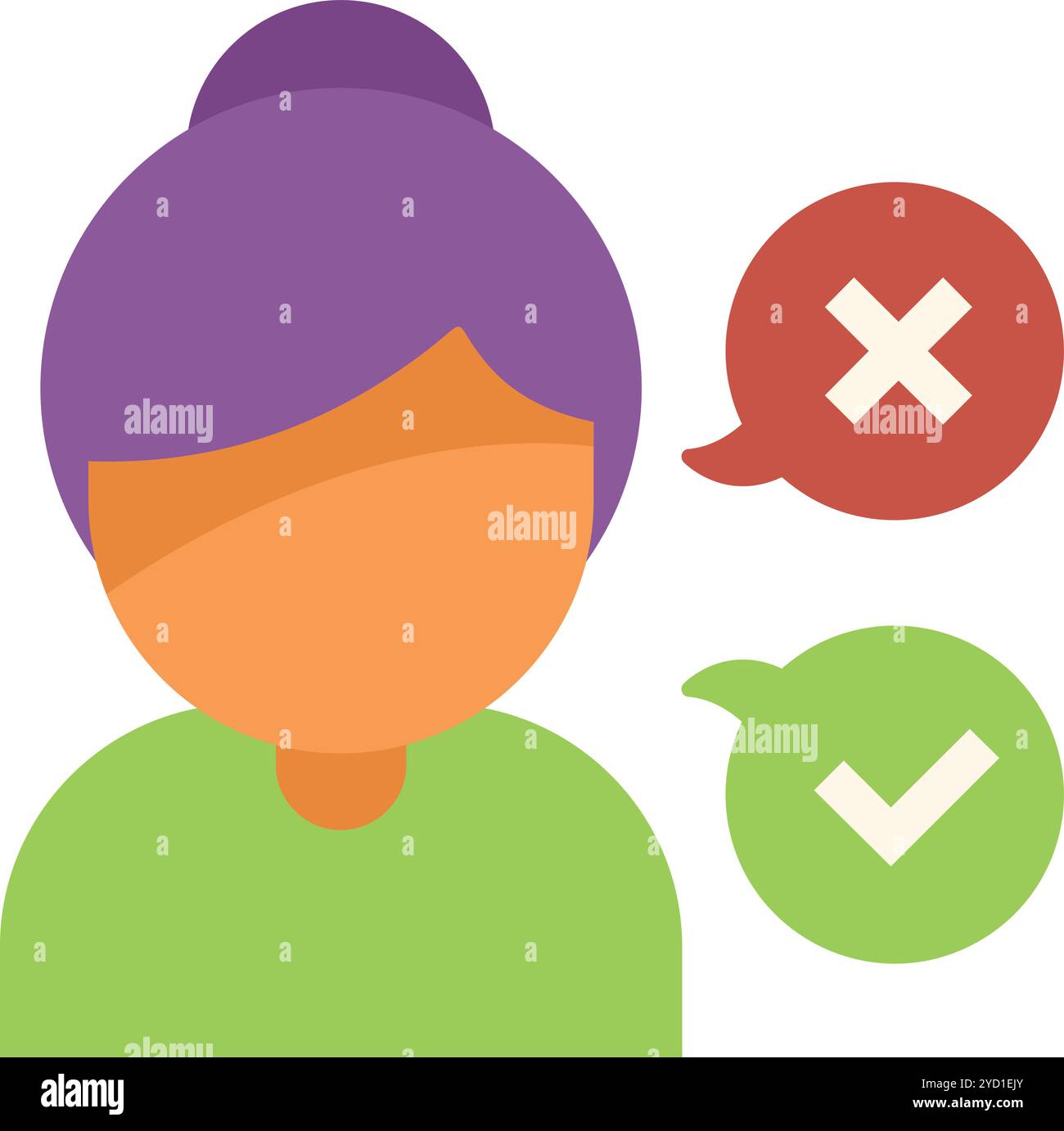 Conceptual illustration of a woman making a decision with speech bubbles showing check and cross ...