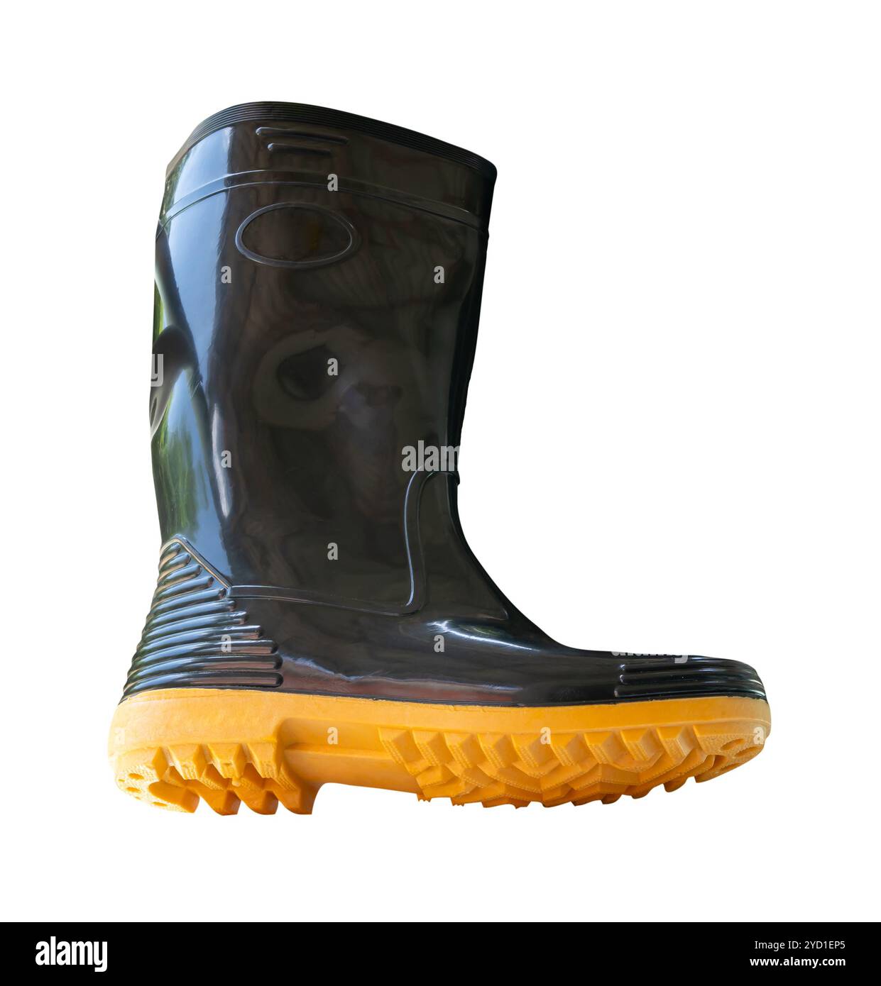 Side view of one side of black gumboot or black boot for working in ...