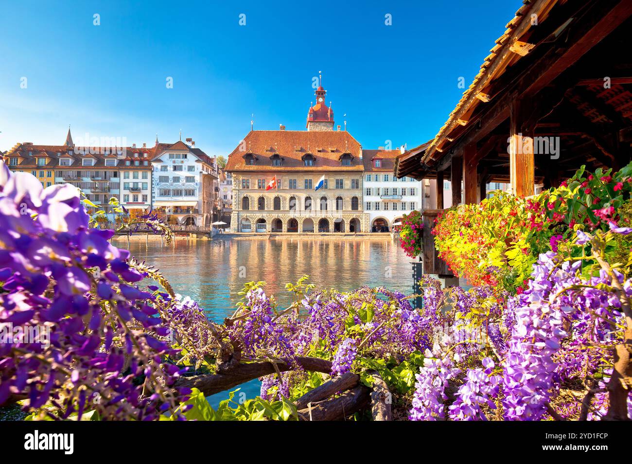 Luzern Chapel Bridge and waterfront landmarks view, town in central ...
