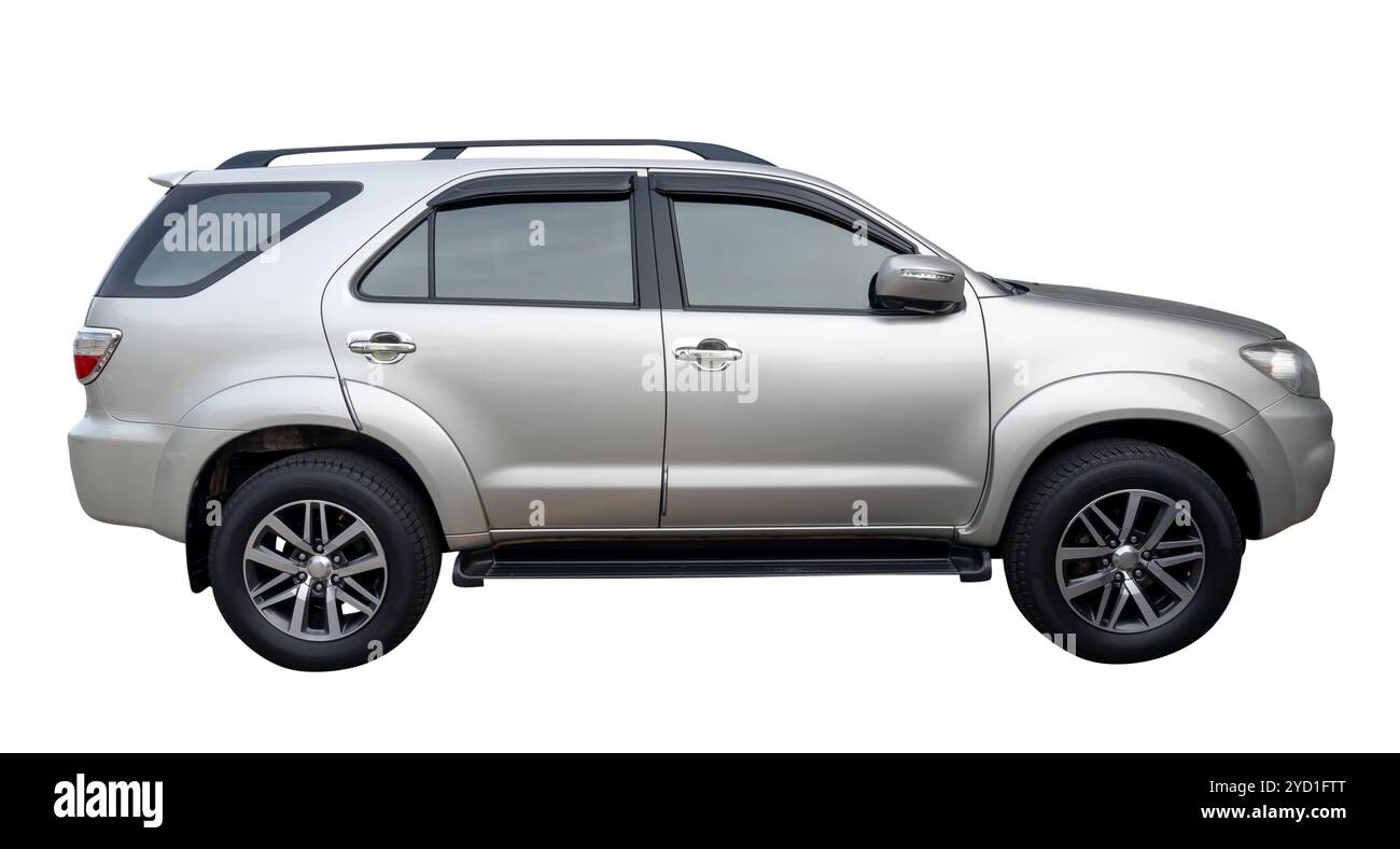 Side view of elegant silver SUV sports car is isolated on white ...