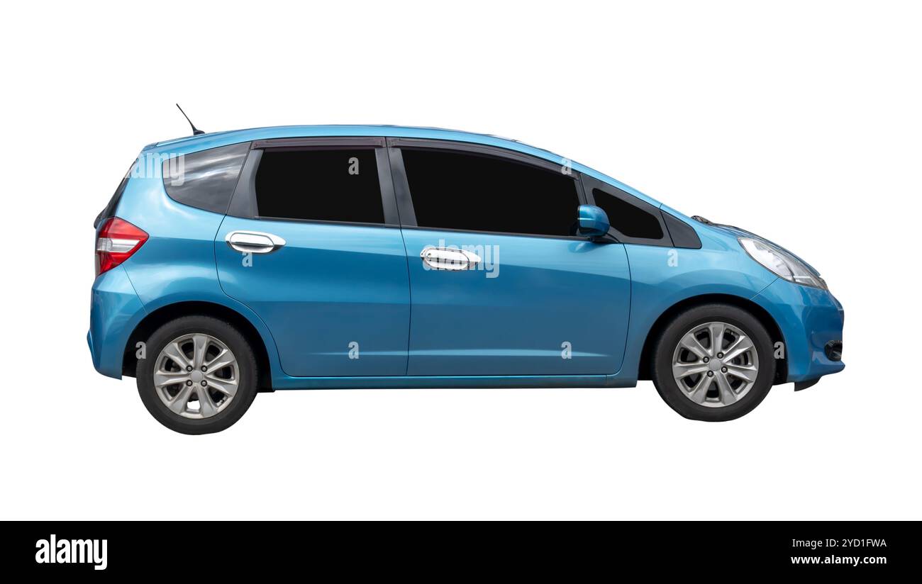 Side view of blue hatchback car is isolated on white background with ...