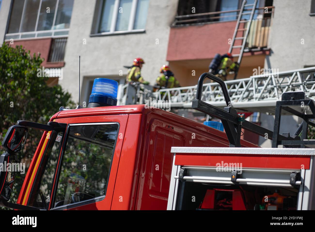fire truck with a blue flashing light on emergency situation and rescue ...