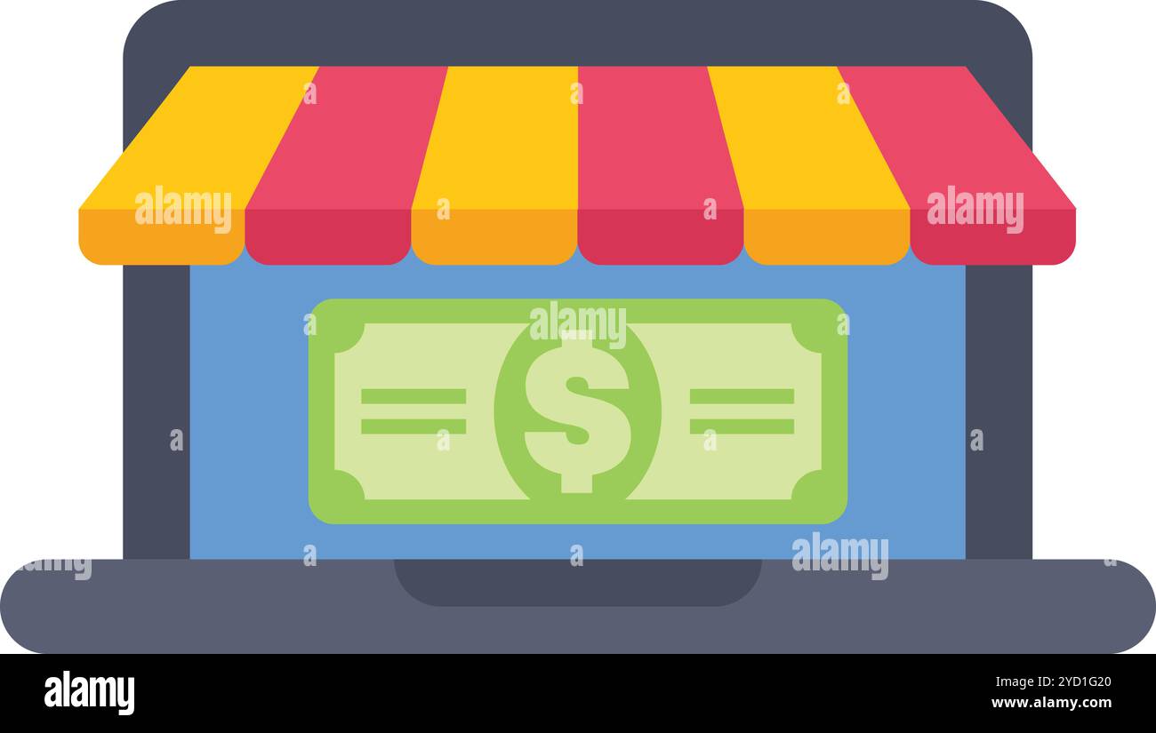 Laptop is showing a digital storefront and a dollar bill, representing ...