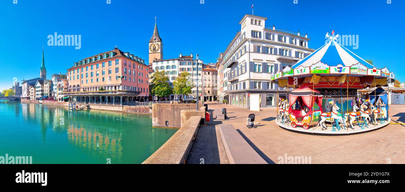 Zurich and Limmat river waterfront colorful panorama, largest city in ...