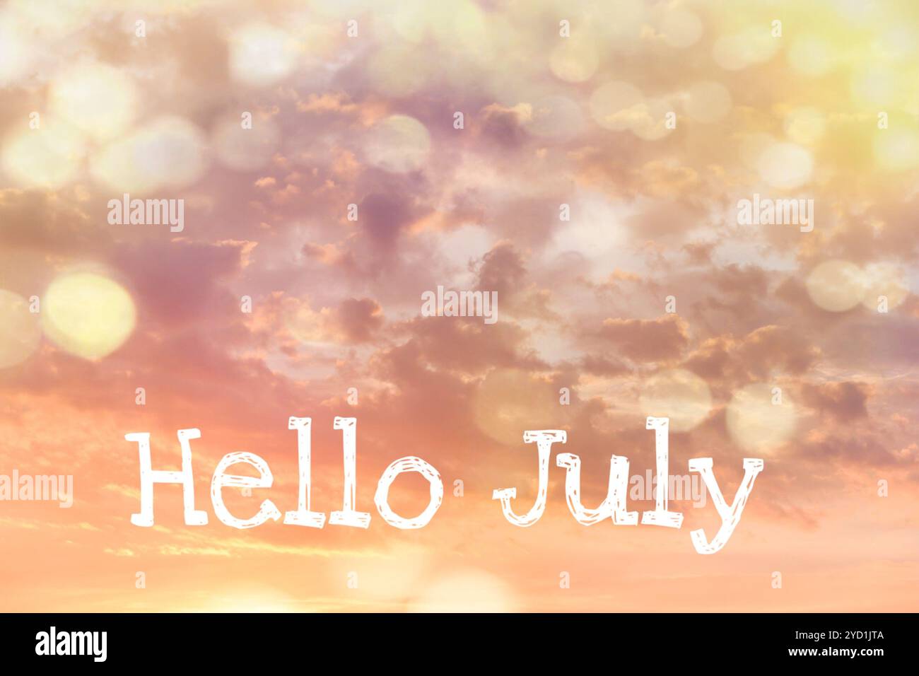 Banner hello july. New month. Welcome card Evening summer sunset ...