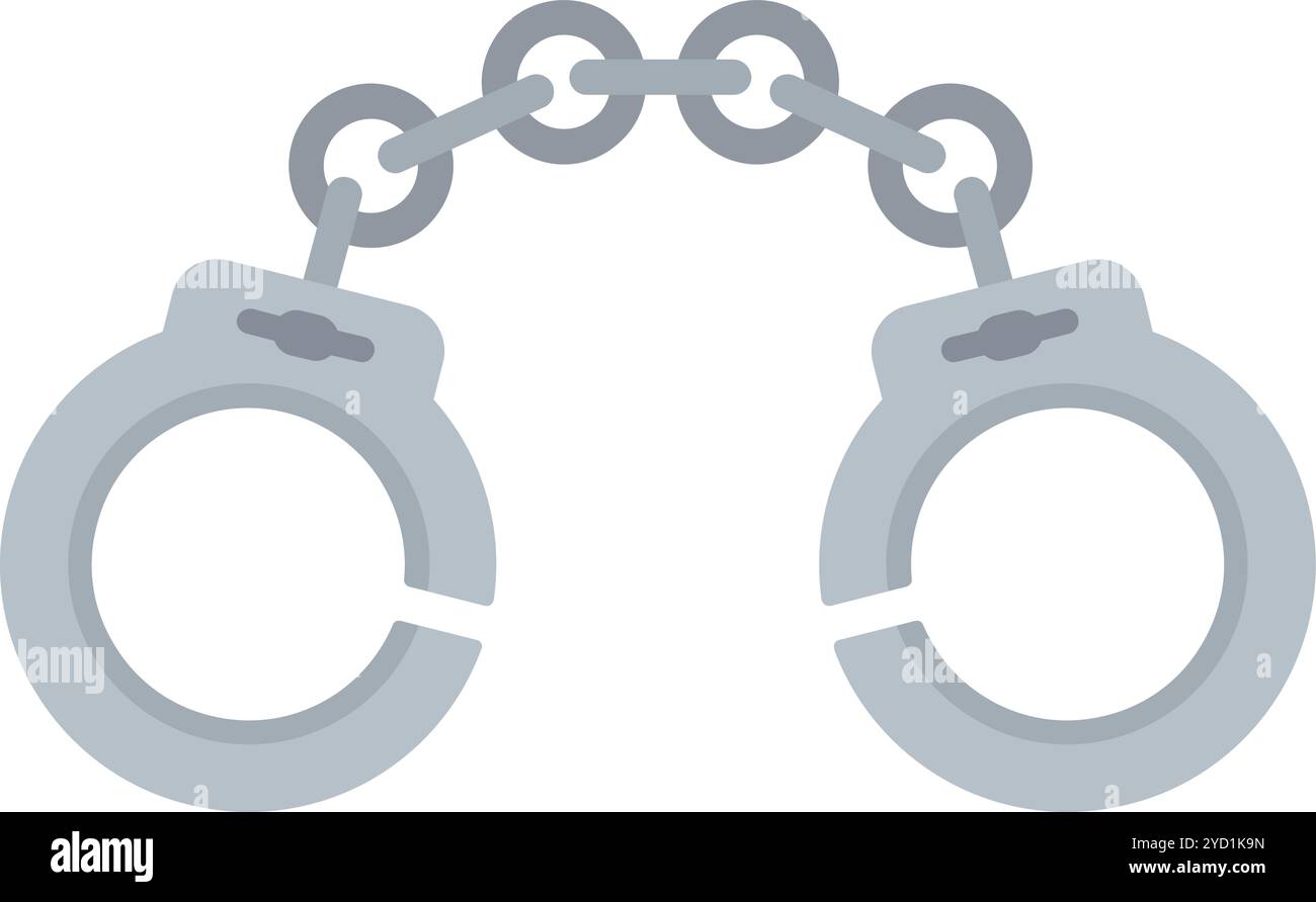 Pair of metal handcuffs is shown open with the chain connecting them ...