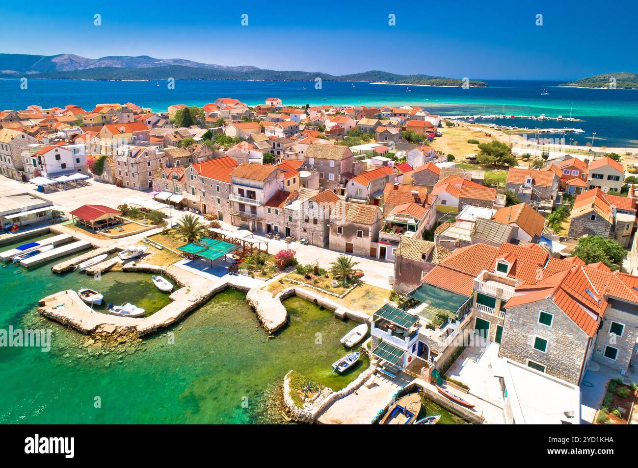 Colorful Island of Krapanj aerial panoramic view, sea sponge harvesting ...