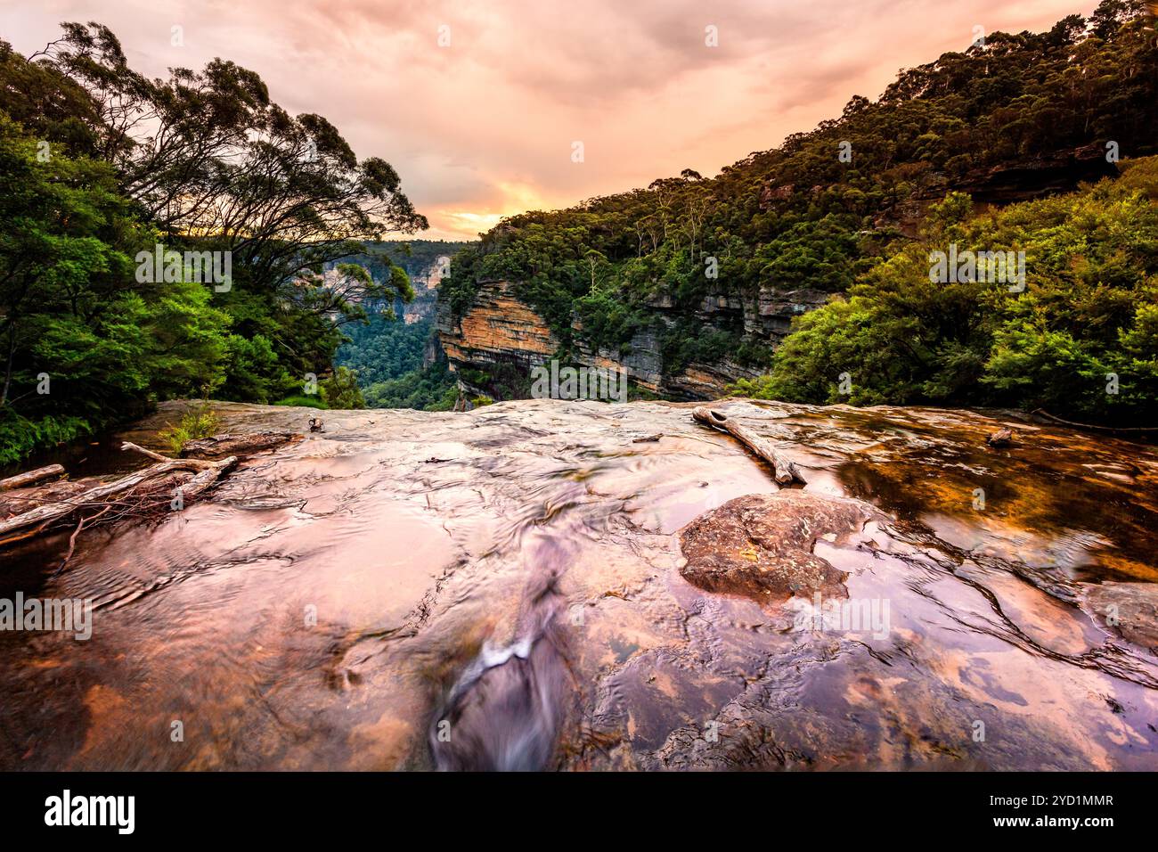 Scenic views to the valley across teh shallow water flow that spills ...