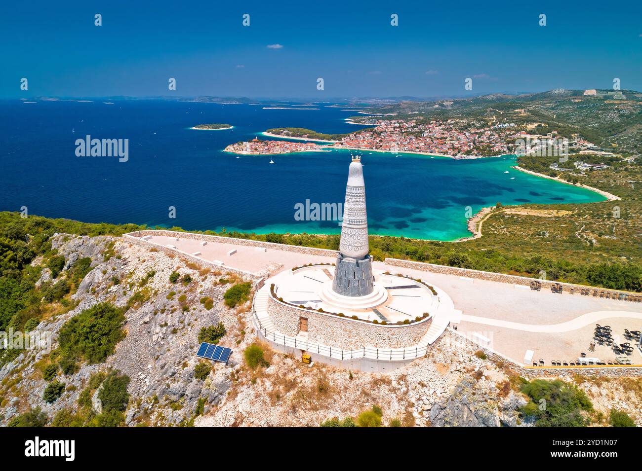 Giant Virgin Mary statue on hill above Primosten aerial view Stock ...