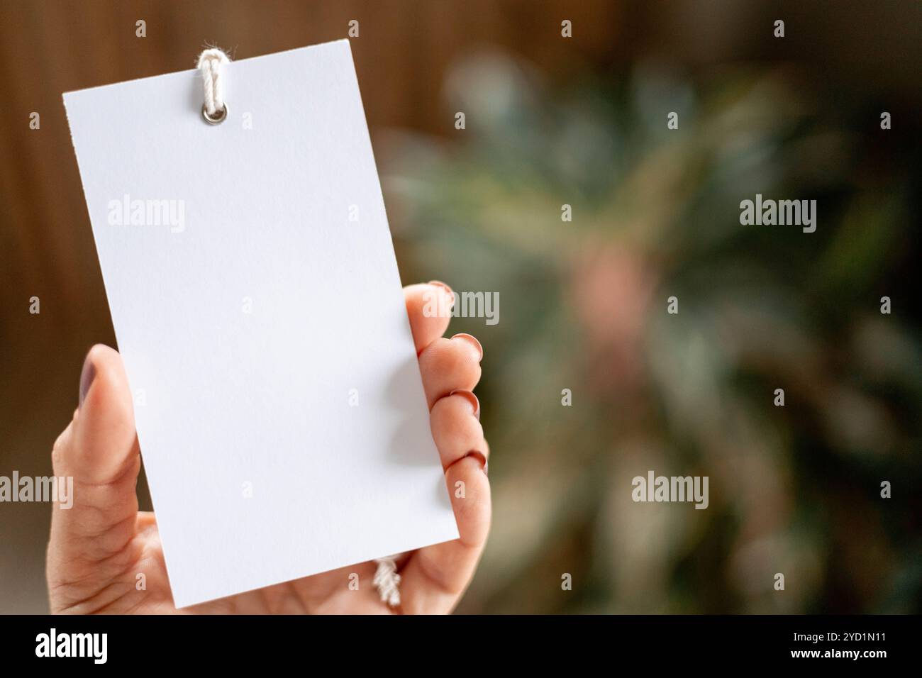 Hand holding blank white label on green background with living plants ...