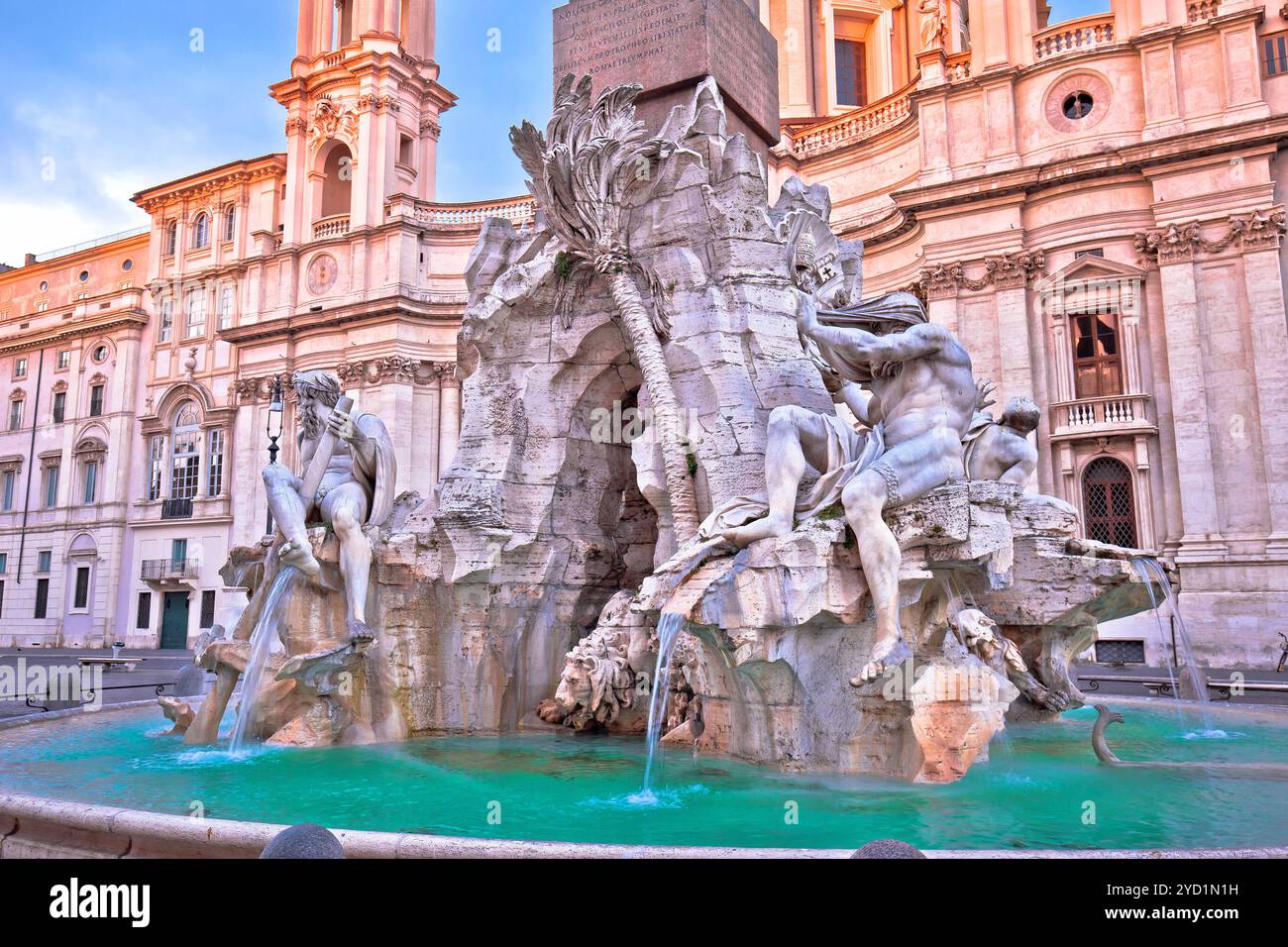 Piazza Navona square Fontana dei Fiumi and church dawn view Stock Photo ...