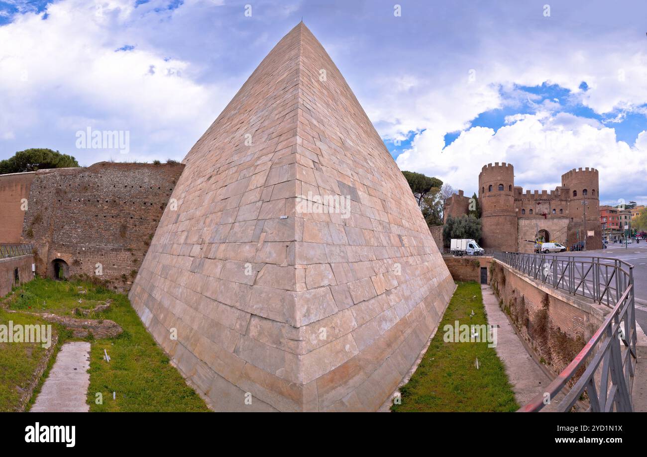 The Pyramid of Cestius and Porta San Paolo in eternal city of Rome view ...