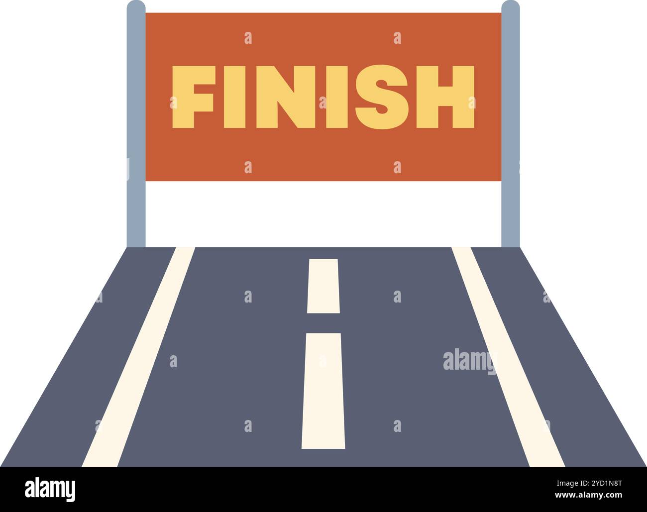 Empty asphalt road leading to finish line banner on white background ...