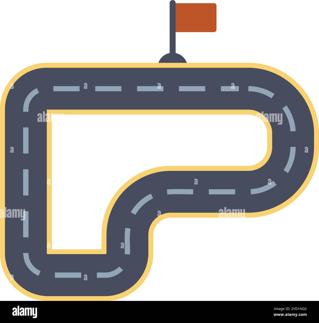 Winding asphalt road leading to finish line with red flag marking the ...