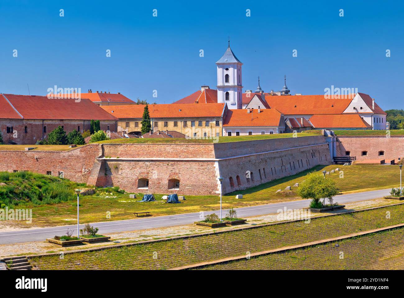 Tvrdja old town walls and Drava river walkway in Osijek panoramic view ...