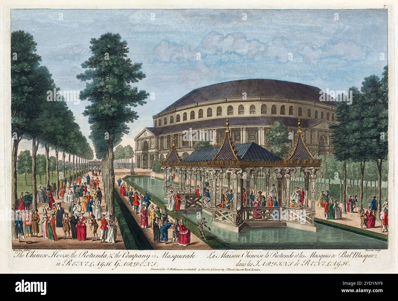 A print coloured engraving of the Chinese house, the Rotunda, and the ...