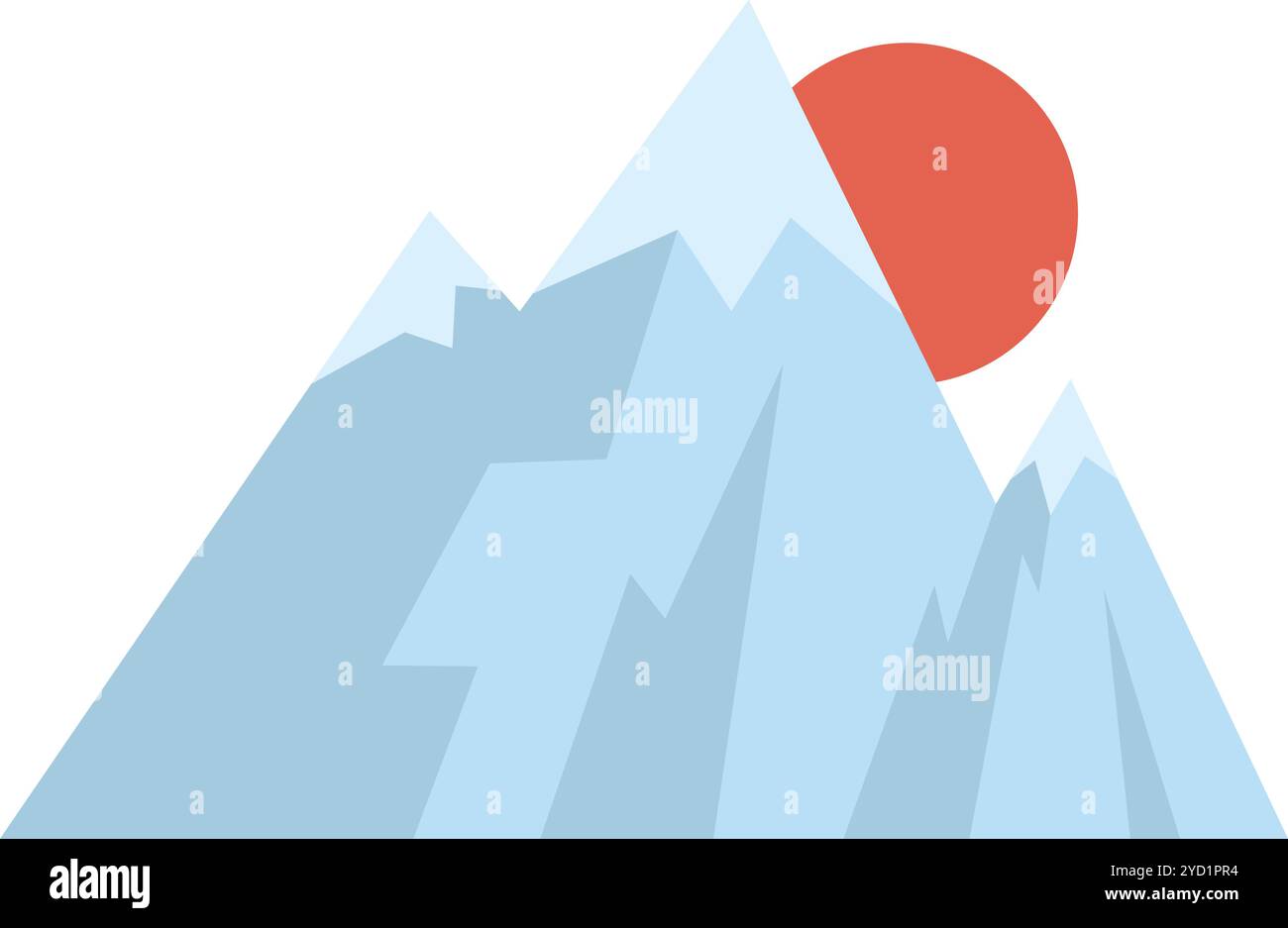 Stylized vector graphic showing a mountain range with a bright sun ...