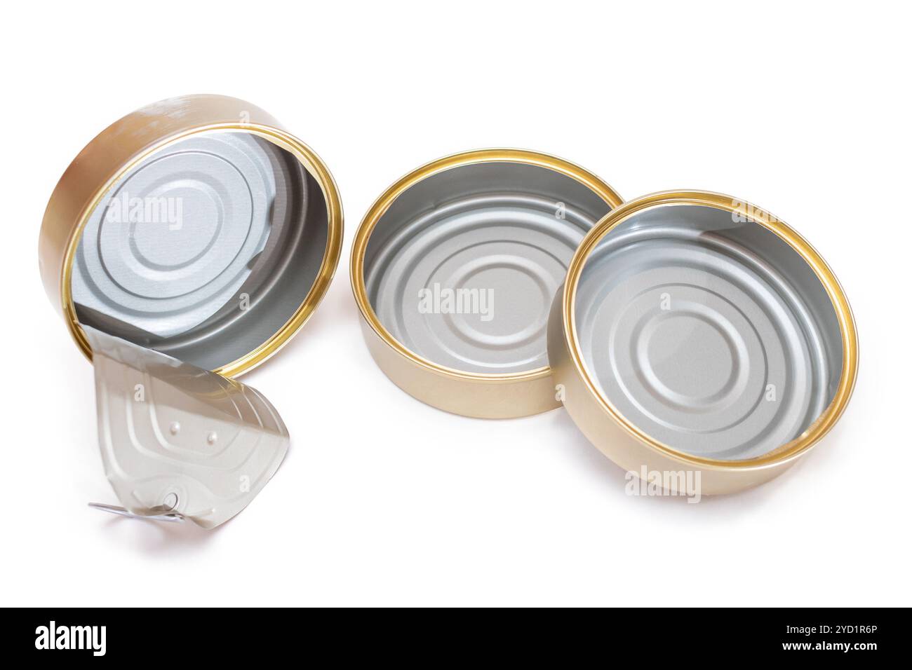 Three Opened Empty Tin Cans Isolated on White Background. Clean Used ...