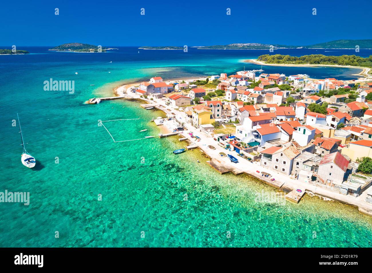 Colorful archipelago of Krapanj island aerial panoramic view Stock ...
