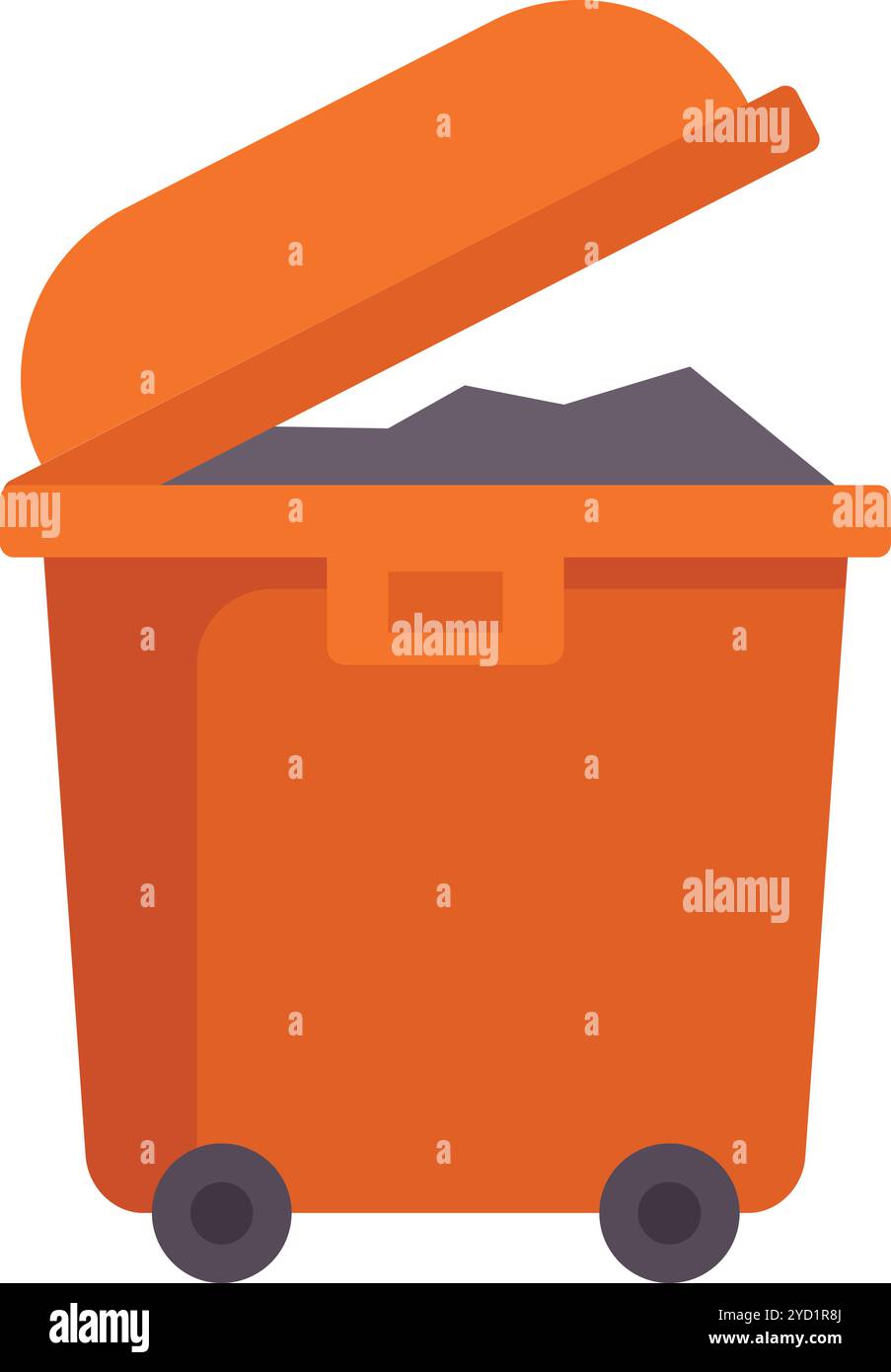 Orange wheelie bin on wheels with the lid open and filled with garbage ...