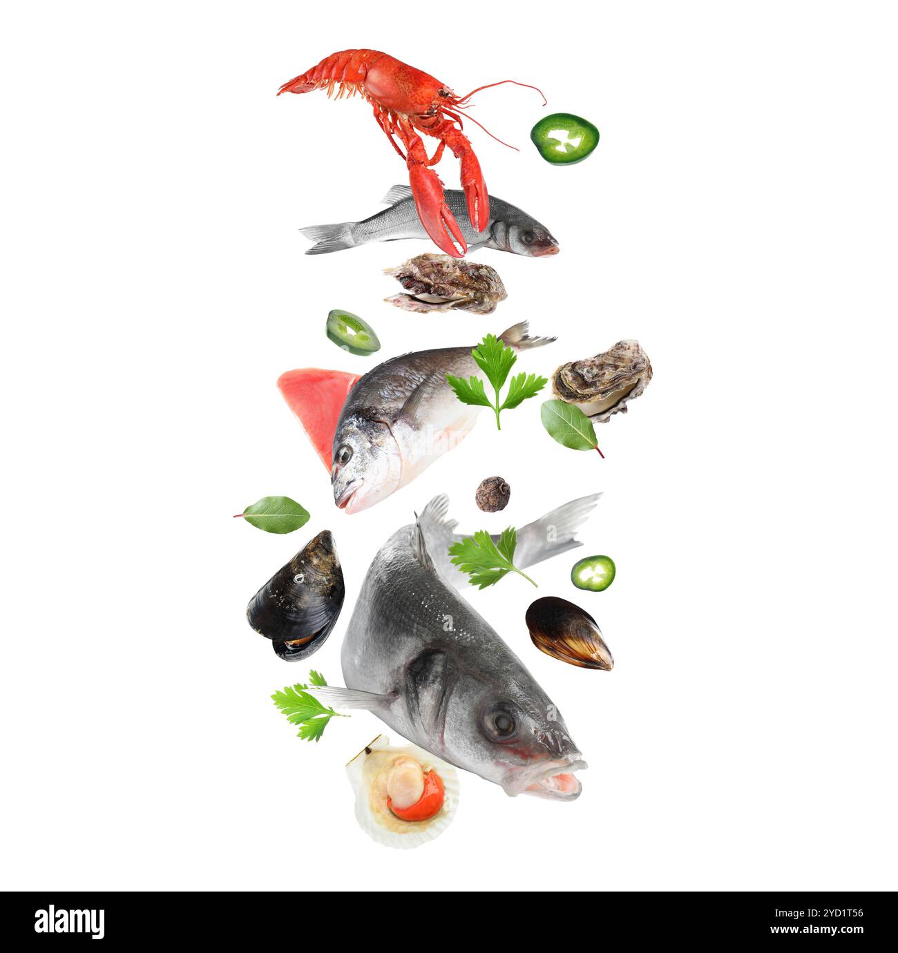 Different sea food in air on white background Stock Photo - Alamy