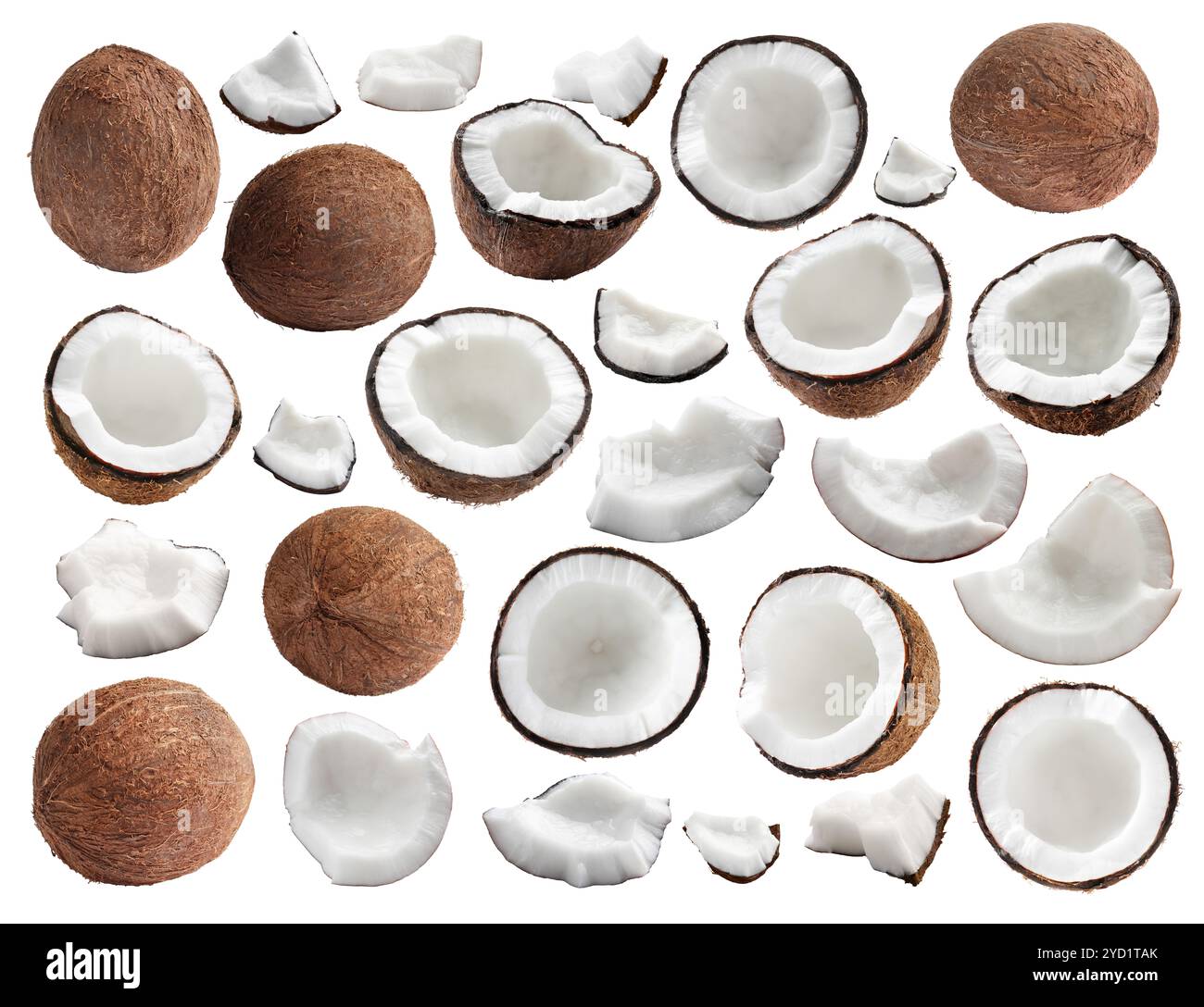 Coconuts isolated on white, collage. Whole and pieces Stock Photo - Alamy