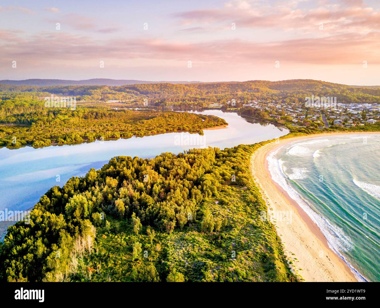 Early morning light over coastal beaches and river Stock Photo - Alamy