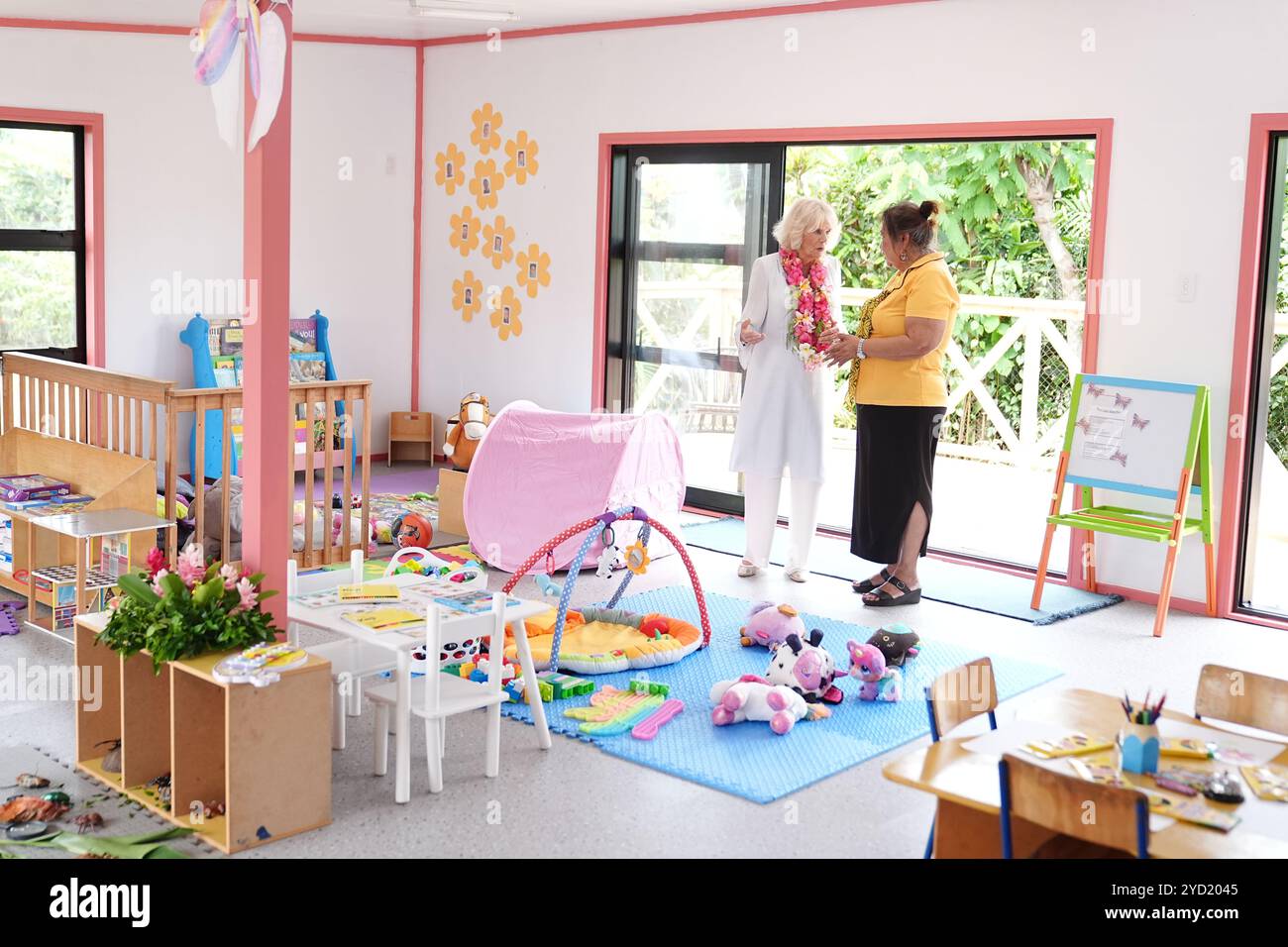 Queen Camilla views the "Queen Camilla Pre-School of Hope" during her ...