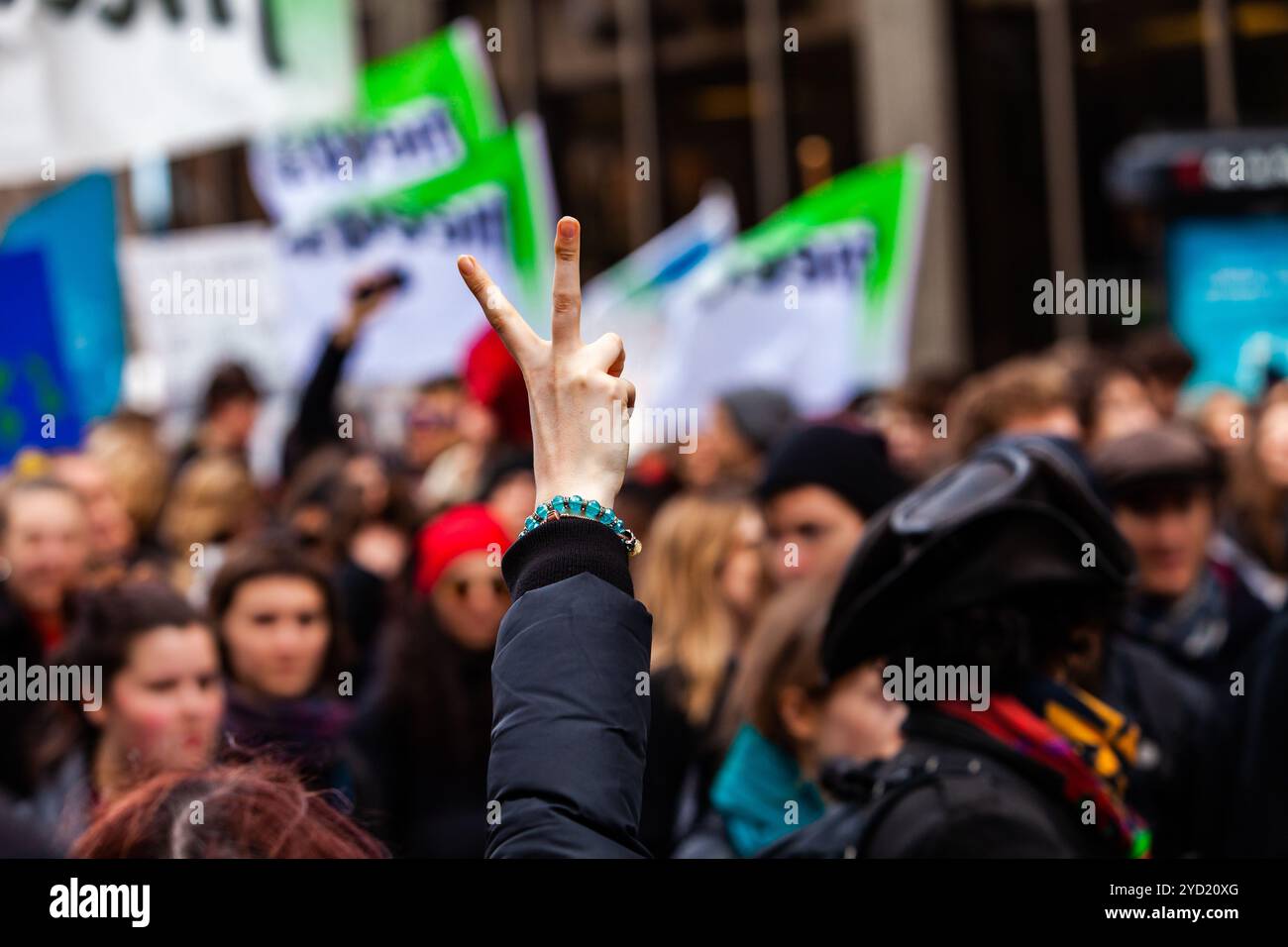 Peace hand symbol at ecological rally Stock Photo - Alamy