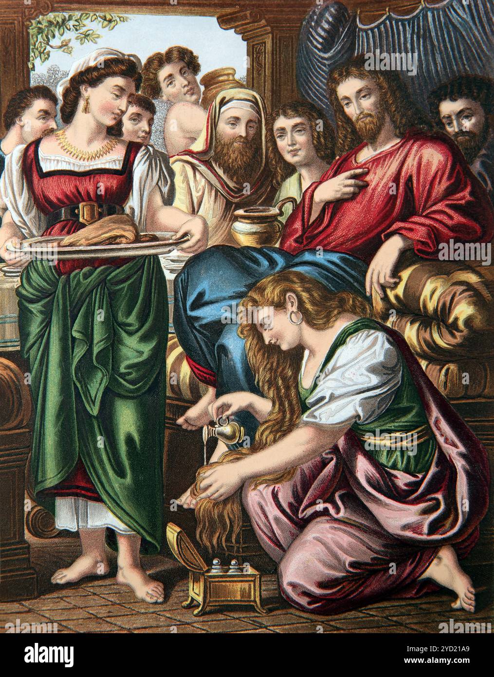 Illustration of Mary Magdalene at A Banquet at the Pharisee's House Washing Jesus Feet with her ...