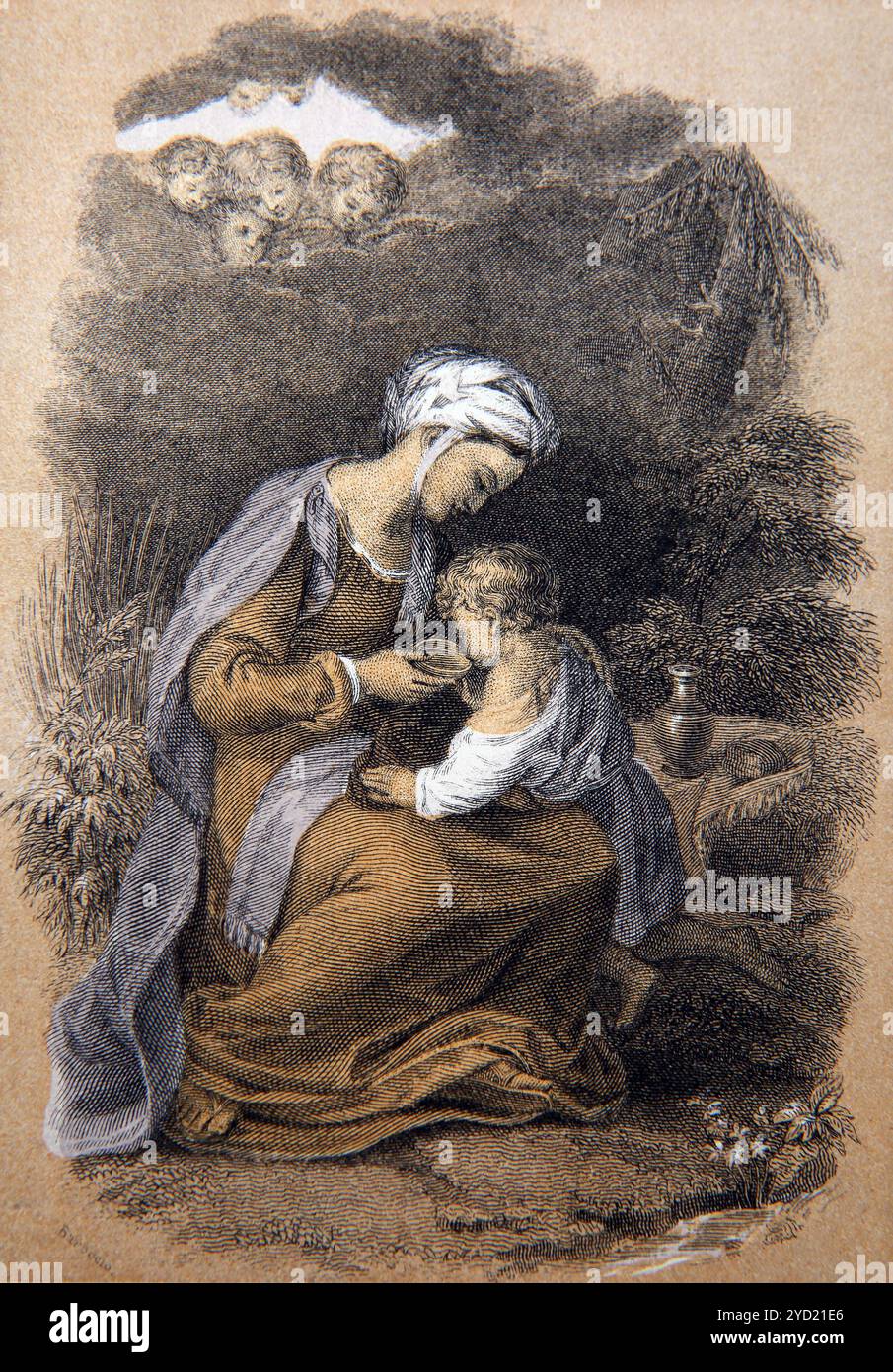 Hand Tinted Lithograph of Hagar giving Water to her Son Ishmael With ...