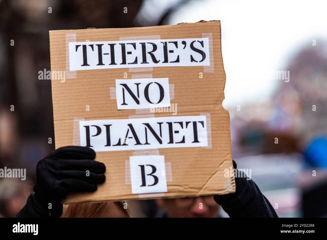 Ecological activist holds cardboard sign Stock Photo - Alamy
