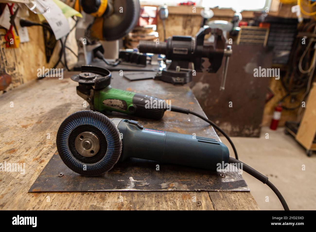 Disc grinders inside a workshop Stock Photo - Alamy
