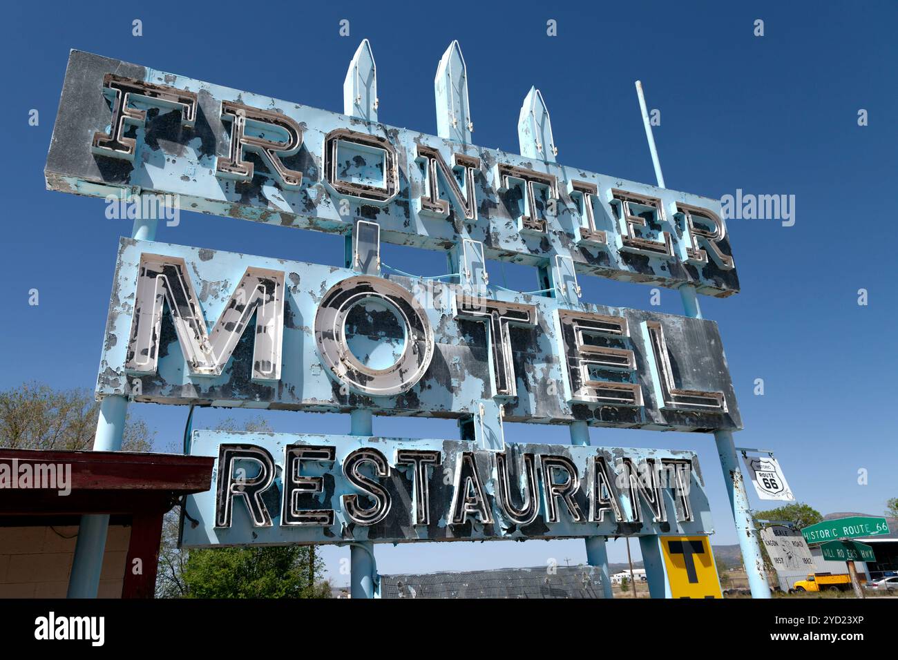 The weather worn neon sign of the Frontier Motel in Truxton Arizona on ...
