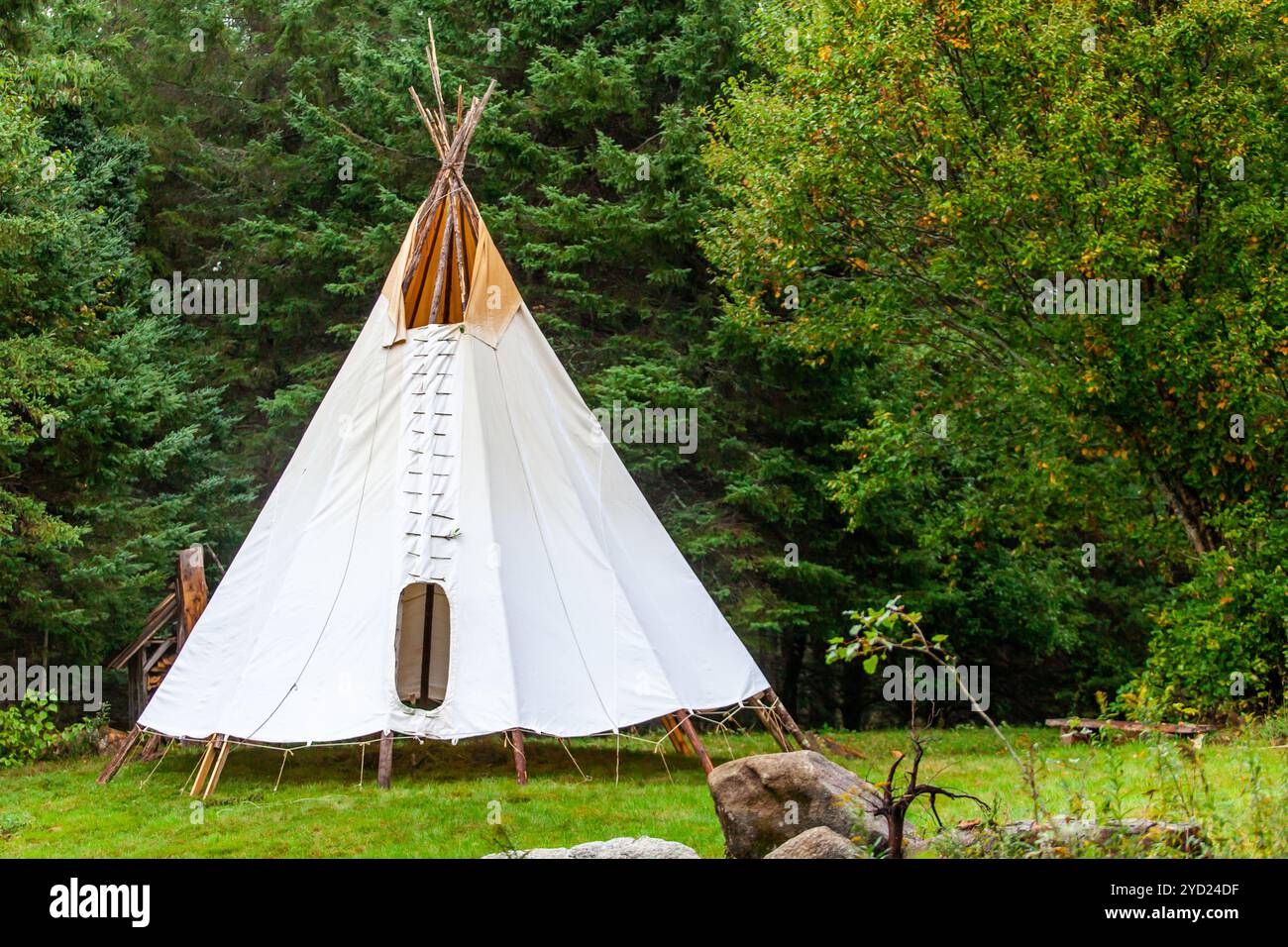 A rustic tipi tent is viewed by woodland, similar to that of Native ...
