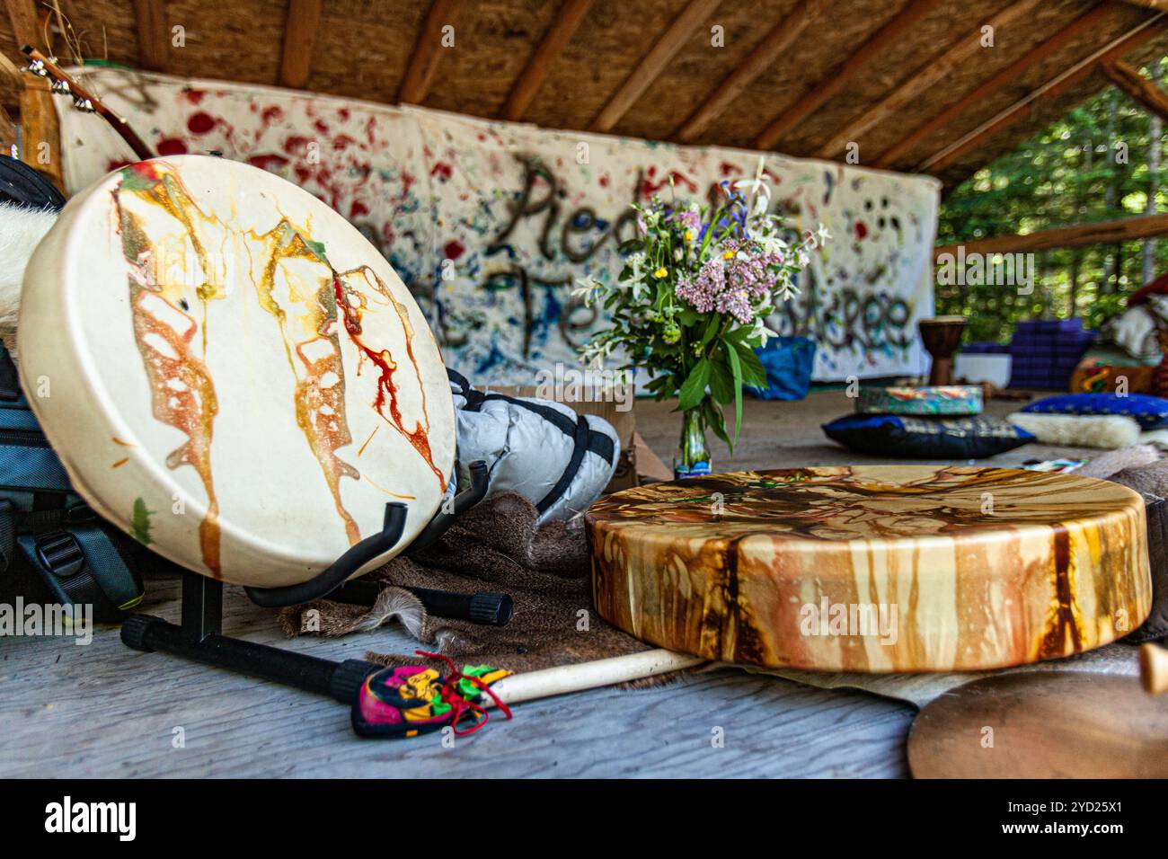 Diverse shamanic musical instruments on stage Stock Photo - Alamy