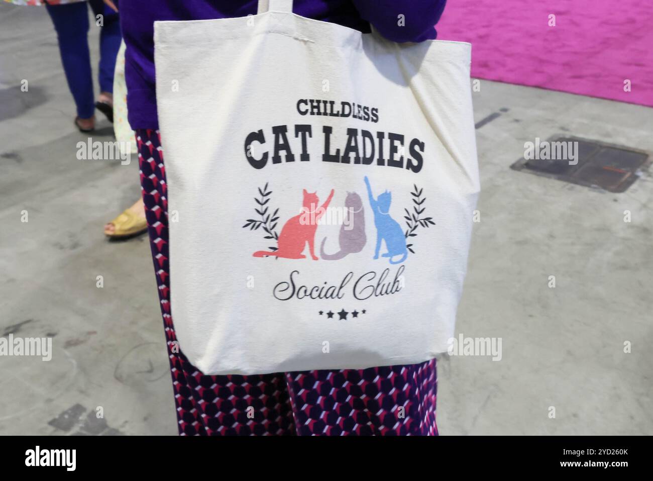 A woman is carrying a Childless Cat Ladies bag at the McCormick Place ...