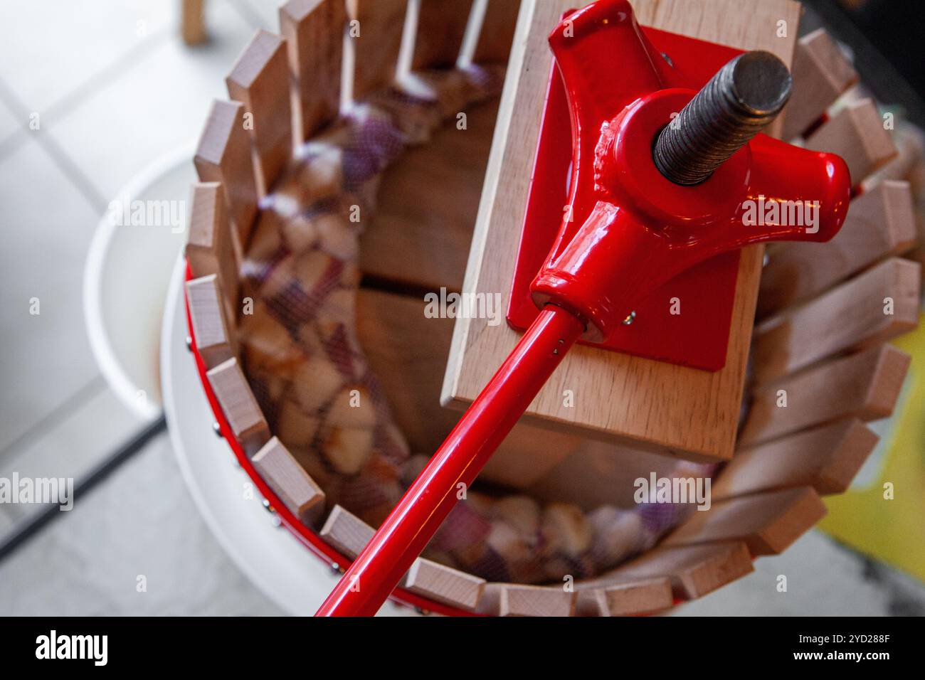 Pressing apple juice with a small apple press, before making cider with ...