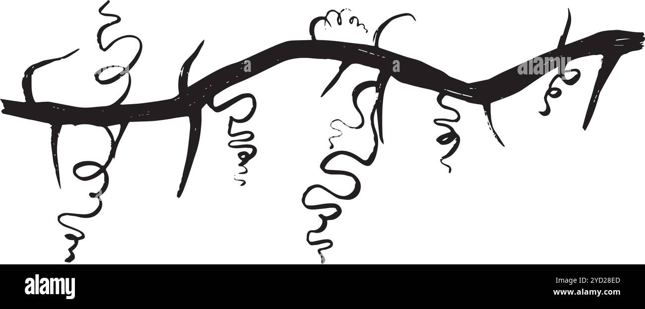 A striking and dramatic black vine, adorned with thorns and twisting ...