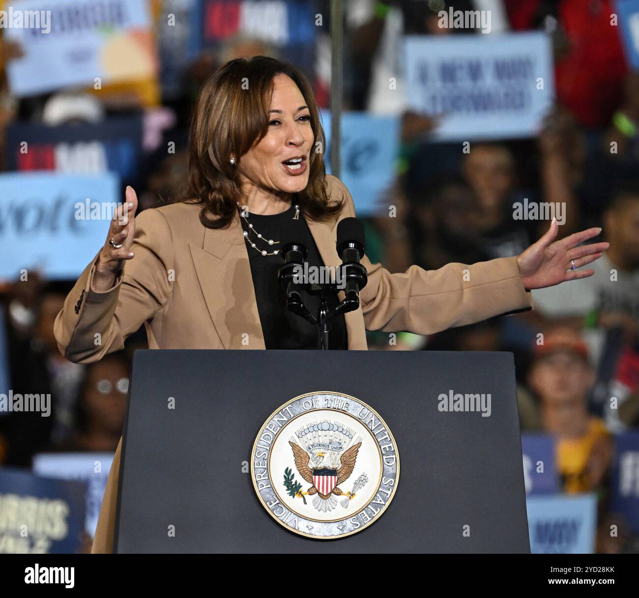 Vice President Kamala Harris delivers a speech during a campaign rally ...