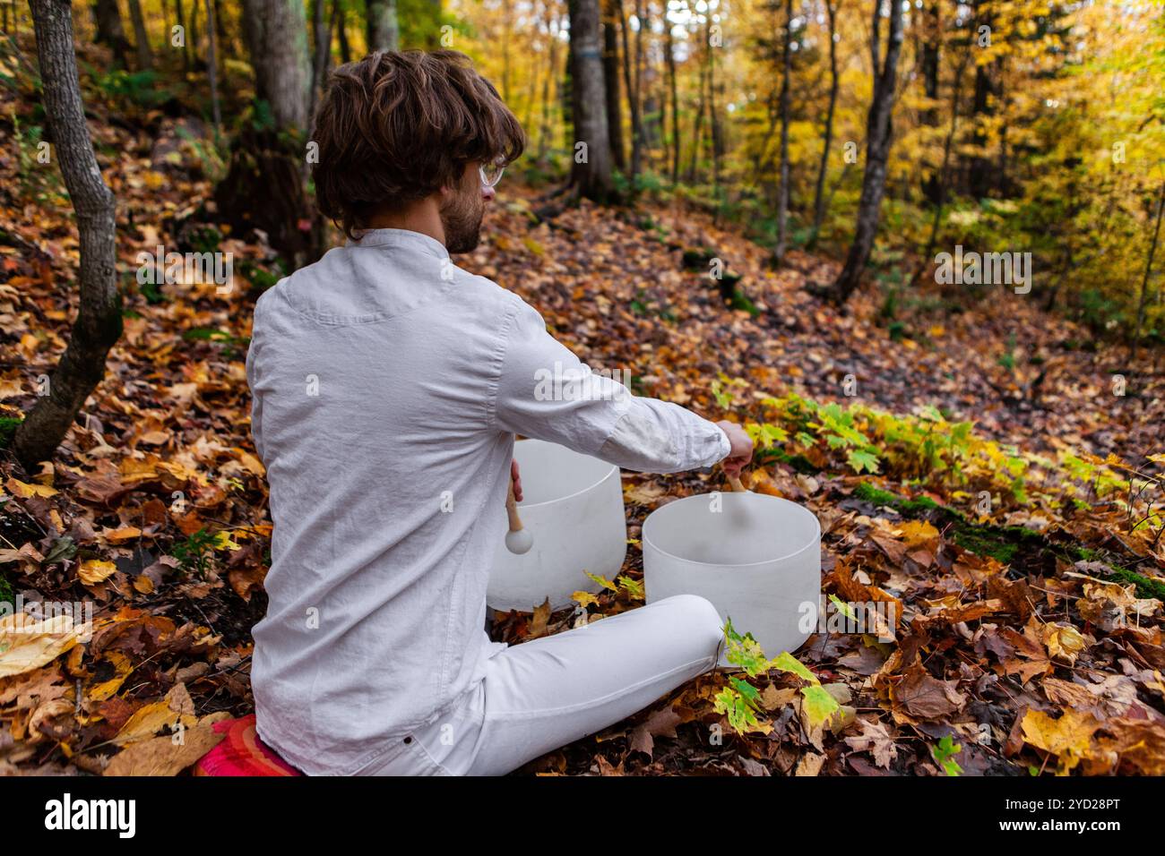 Young man plays his 2 crystal bowls in the forest - back view with wide ...