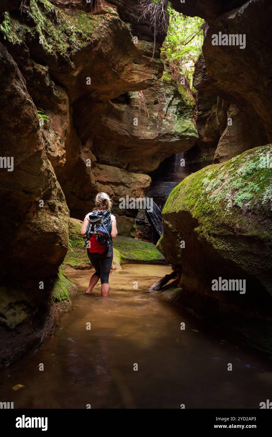 Exploring a canyon in the mountans wading through ankle deep water. In ...