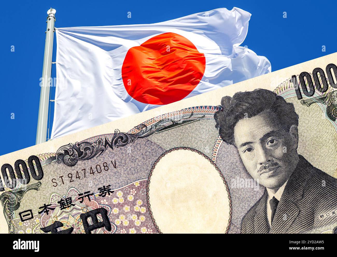 Flag of Japan and Japanese currency 1000 yen Stock Photo - Alamy